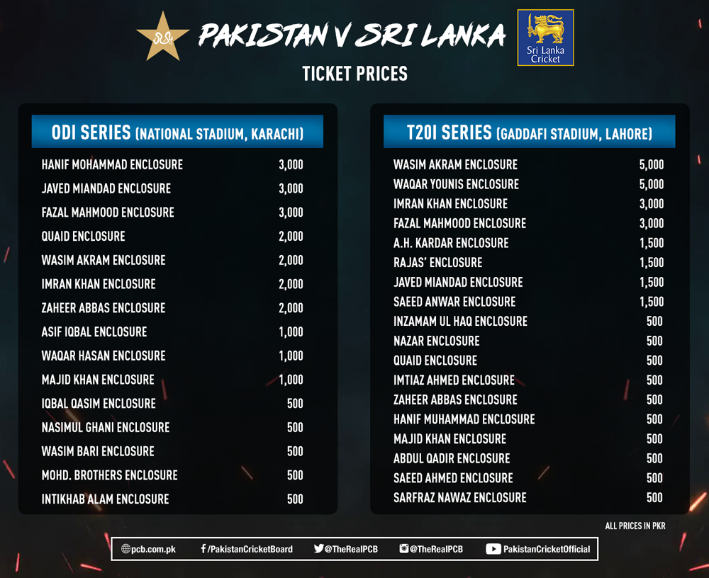 Ticket prices for Pakistan-Sri Lanka series announced | Press Release | PCB Ticket prices for Pakistan-Sri Lanka series announced | Press Release | PCB